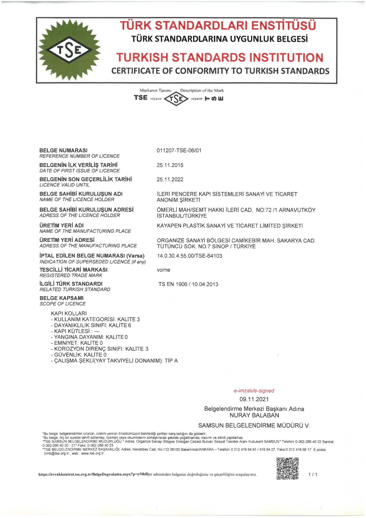 Serti̇fi̇kalar | Vorne Pencere & Kapı Sistemleri