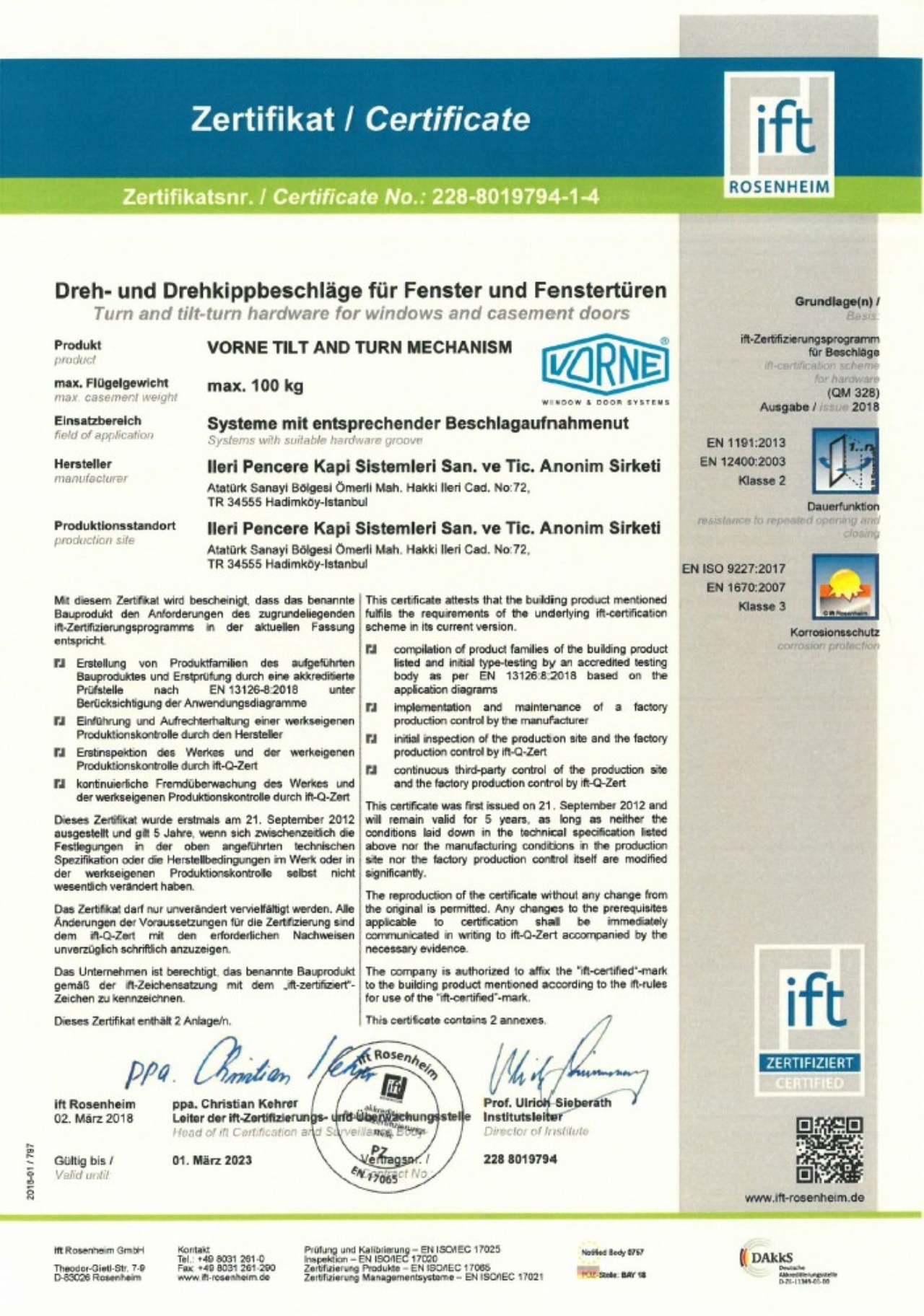 Serti̇fi̇kalar | Vorne Pencere & Kapı Sistemleri